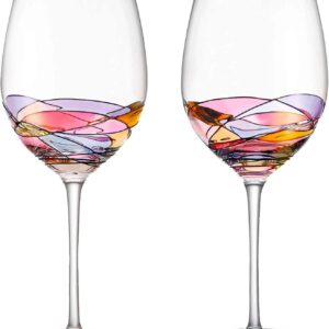 DAQQ Red Wine Glasses Set of 2 Hand Painted Designed with Strong Presence Inspired by the 'Duomo di Milano', Fine Addition To Any Wine Decanter, Unique Gift for Wine Enthusiasts