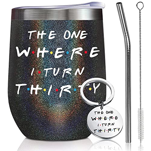 30th Birthday Decorations For Women 30th Birthday Gifts For Her 12oz Wine Tumbler Happy 30 Year Old Bday Presents for 1993 Woman Bestie Friend Sister Black Wine Cup With Turn Thirty Keychain