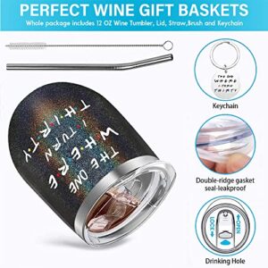 30th Birthday Decorations For Women 30th Birthday Gifts For Her 12oz Wine Tumbler Happy 30 Year Old Bday Presents for 1993 Woman Bestie Friend Sister Black Wine Cup With Turn Thirty Keychain