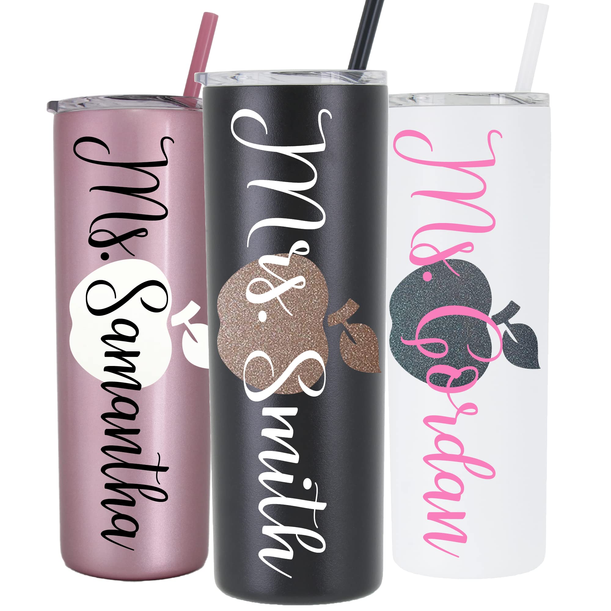 Glitter Apple Teacher's Personalized 20 oz Stainless Steel Skinny Tumbler with Custom Vinyl Decal by Avito - Includes Straw and Lid - Back to School Teacher's Gift, Best Teacher Ever