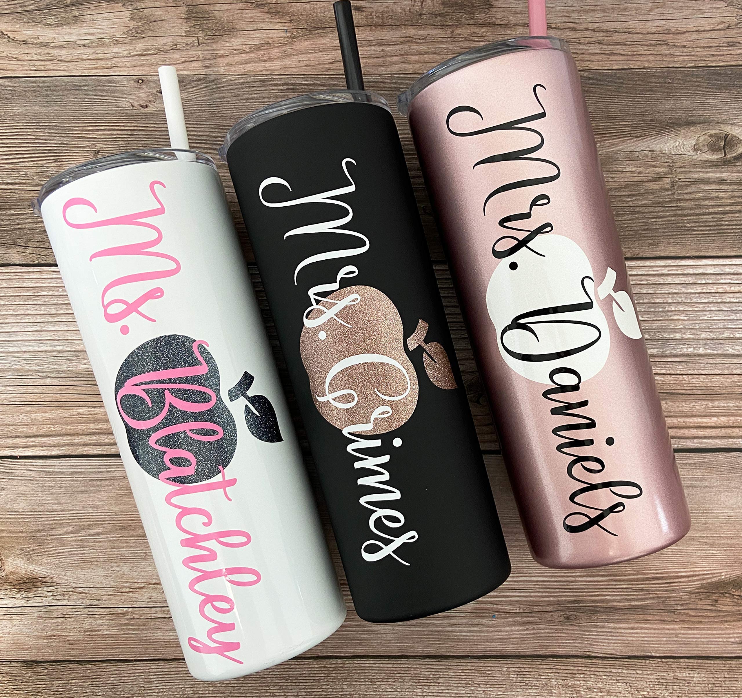 Glitter Apple Teacher's Personalized 20 oz Stainless Steel Skinny Tumbler with Custom Vinyl Decal by Avito - Includes Straw and Lid - Back to School Teacher's Gift, Best Teacher Ever