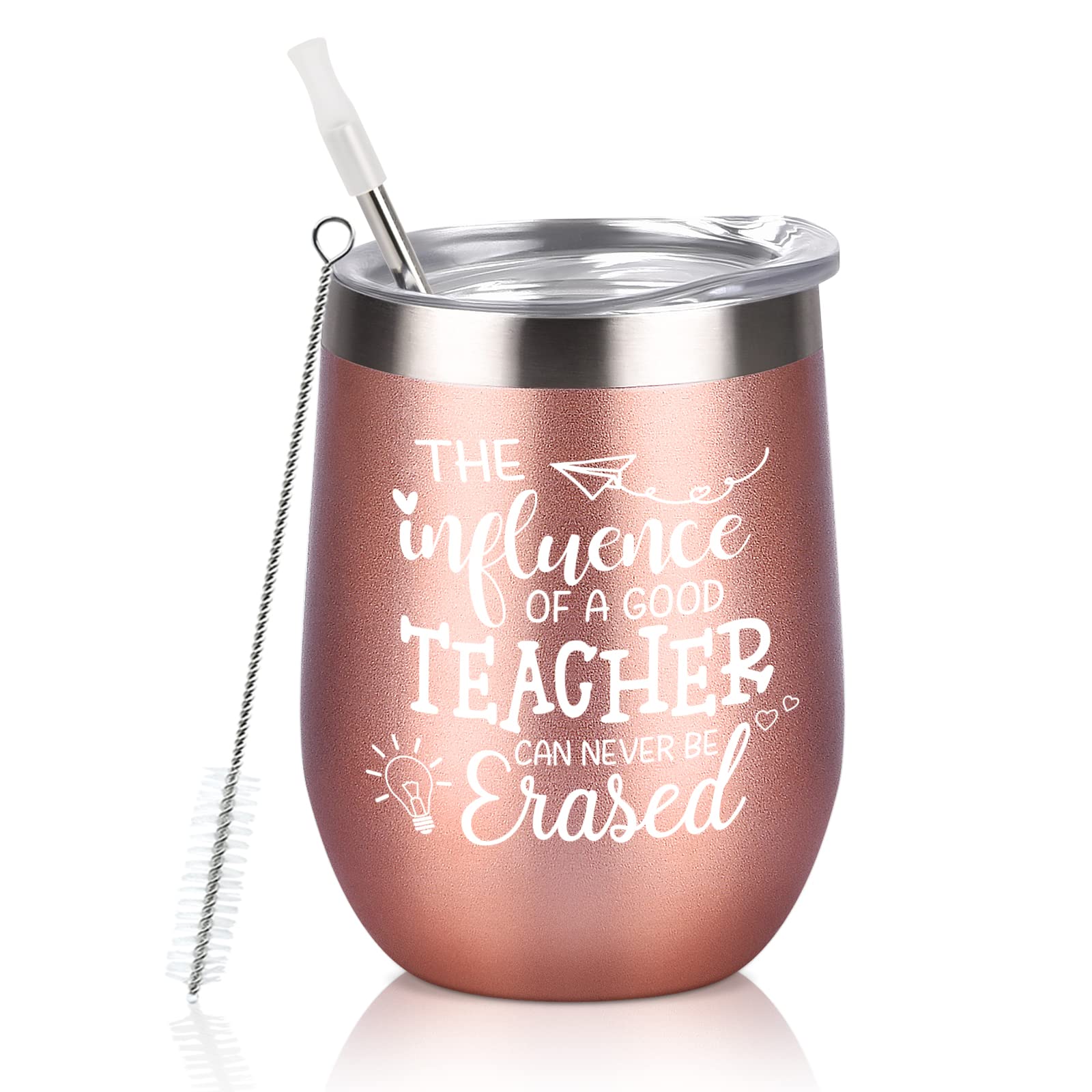 Qtencas Teacher Gifts, The Influence Of A Good Teacher Is Never Erased Teacher Wine Tumbler, Teacher Gifts for Teacher, Teacher Appreciation Gift, 12 Oz Insulated Stainless Steel Tumbler, Rose Gold