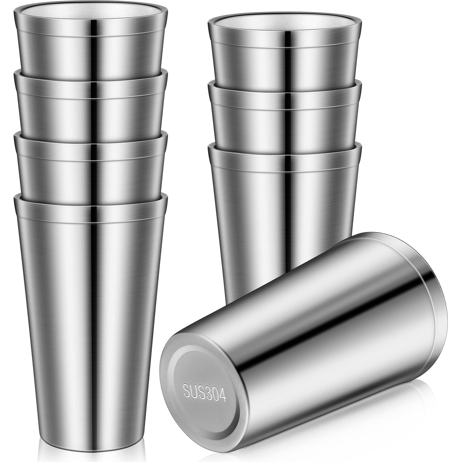 8 Pack Stainless Steel Cups 16 Oz, Double Wall Vacuum Pint Cup Tumbler, Stackable Metal Cups Unbreakable Drinking Glasses for Home and Outdoor