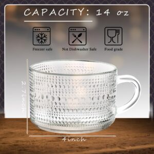 Eccliy 6 Pcs Vintage Coffee Mugs 14 oz Glass Stackable Tea Cups Embossed Glass Cups Coffee Cup Vintage Glassware with Handle for Cappuccino Latte Cereal Yogurt Beverage Dessert Water (Clear)