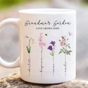 KOLBER Personalized Grandma With Grandkids' Names & Birth Month Flowers Mug Grandma's Garden Mug For New Grandma Nanny Woman On Mothers Day Xmas Birthday