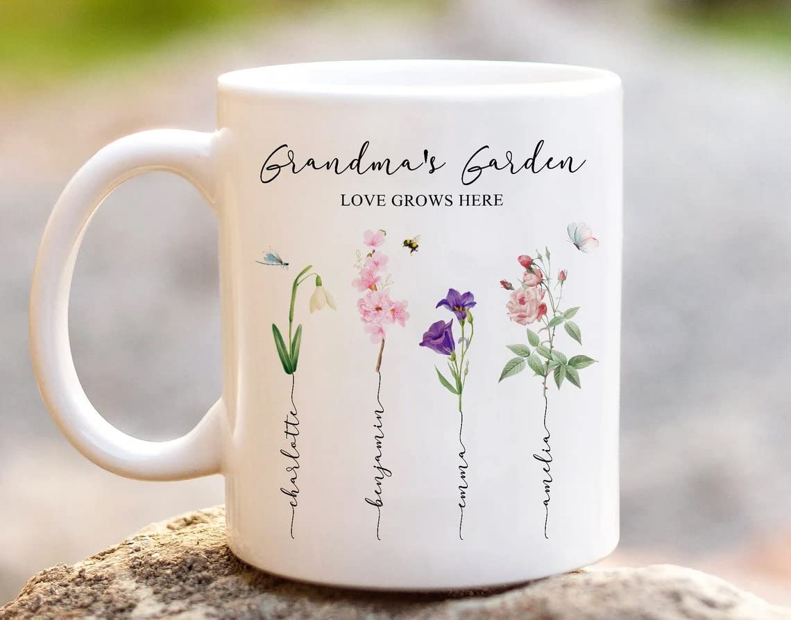 KOLBER Personalized Grandma With Grandkids' Names & Birth Month Flowers Mug Grandma's Garden Mug For New Grandma Nanny Woman On Mothers Day Xmas Birthday