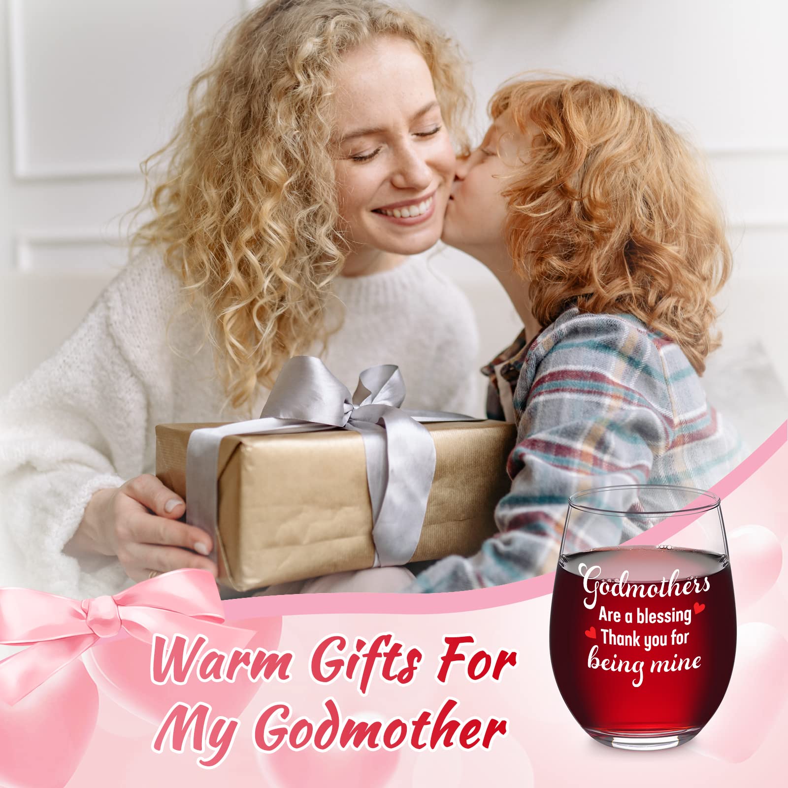 DAZLUTE Godmother Gift, Godmothers Are a Blessing Thank You for Being Mine Stemless Wine Glass for Godmother Aunt Women Christmas Birthday Baptism, Godmother Mothers Day Gifts from Godchild, 17Oz