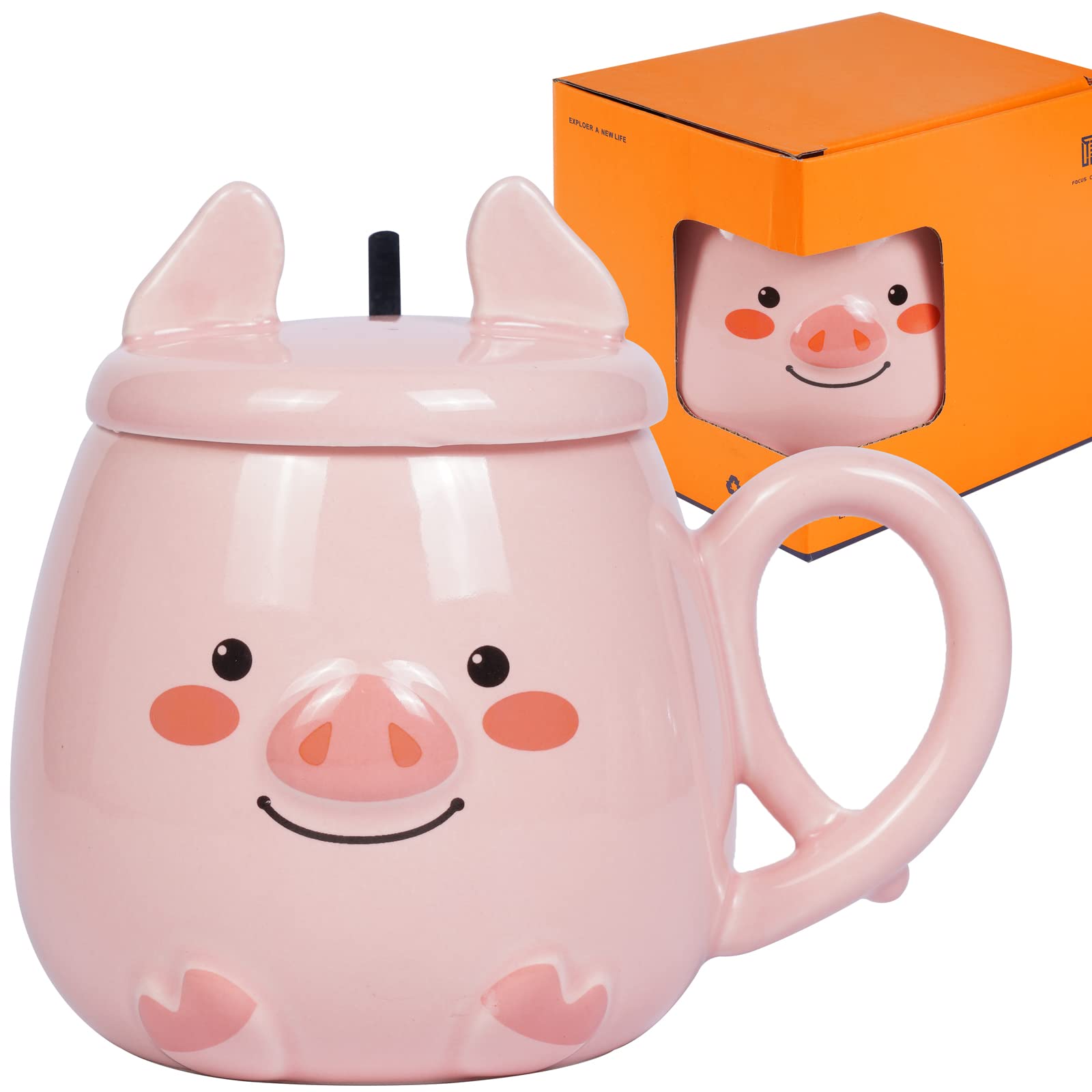 EPFamily Pig Coffee Mug with Lid Pink Coffee Mug with Spoon Novelty Tea Mug for Women Mothers Day Birthday Christmas Holiday Housewarming Gifts for Pig Lovers