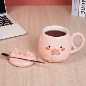 EPFamily Pig Coffee Mug with Lid Pink Coffee Mug with Spoon Novelty Tea Mug for Women Mothers Day Birthday Christmas Holiday Housewarming Gifts for Pig Lovers