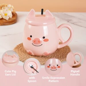 EPFamily Pig Coffee Mug with Lid Pink Coffee Mug with Spoon Novelty Tea Mug for Women Mothers Day Birthday Christmas Holiday Housewarming Gifts for Pig Lovers