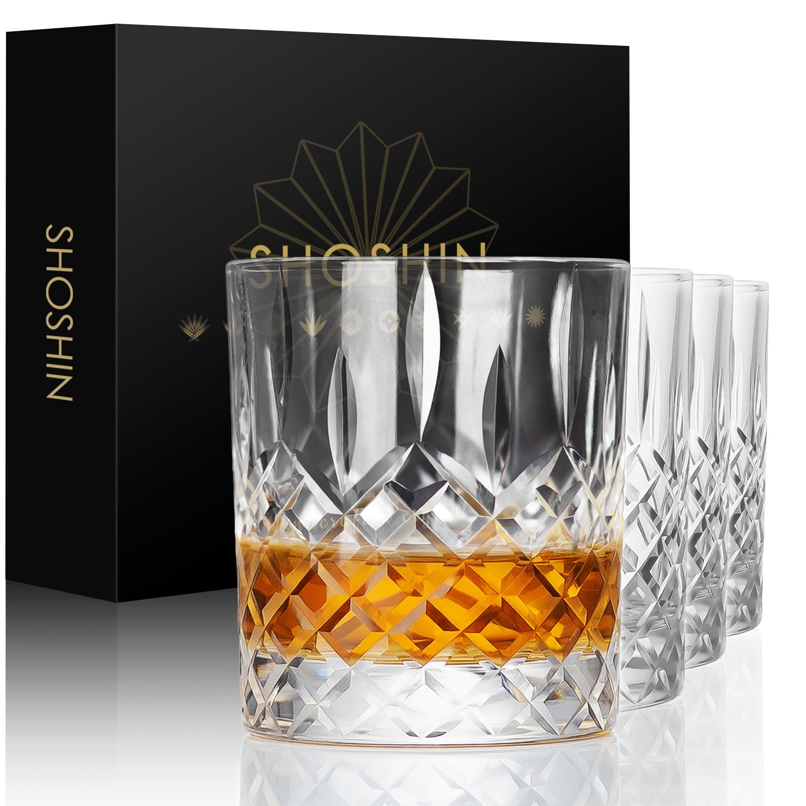 SHOSHIN Premium Hand Cut Whiskey Glasses (13 OZ, Set of 4) - Handmade Double Old Fashioned Scotch Glasses - Gift for Bourbon Lovers - Style Glassware for Rum - 4 Rocks glasses in Gift Box