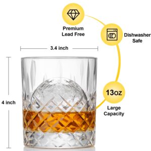 SHOSHIN Premium Hand Cut Whiskey Glasses (13 OZ, Set of 4) - Handmade Double Old Fashioned Scotch Glasses - Gift for Bourbon Lovers - Style Glassware for Rum - 4 Rocks glasses in Gift Box