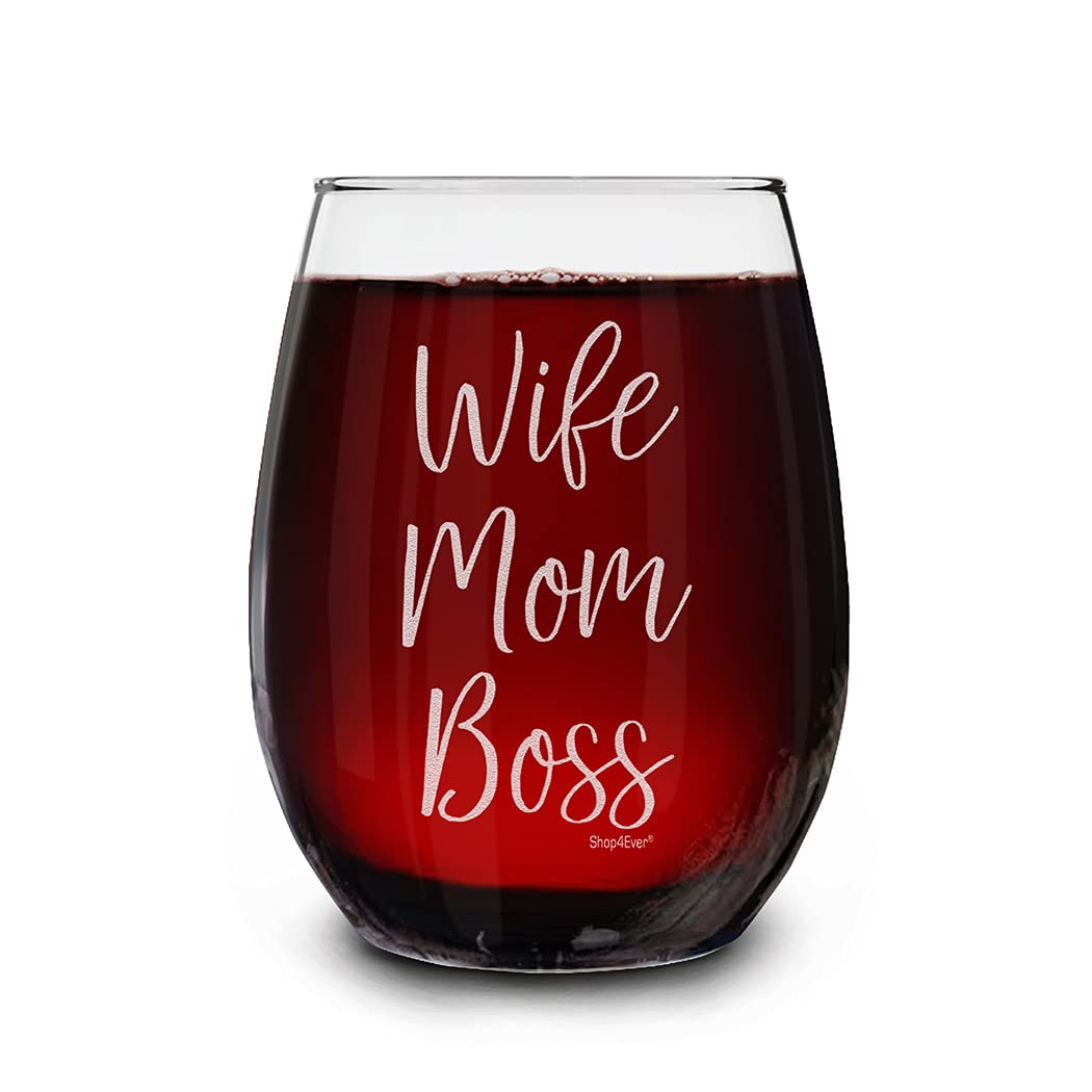 shop4ever Wife Mom Boss Laser Engraved Stemless Wine Glass ~ Mother's Day Gift for New Mommy Birthday