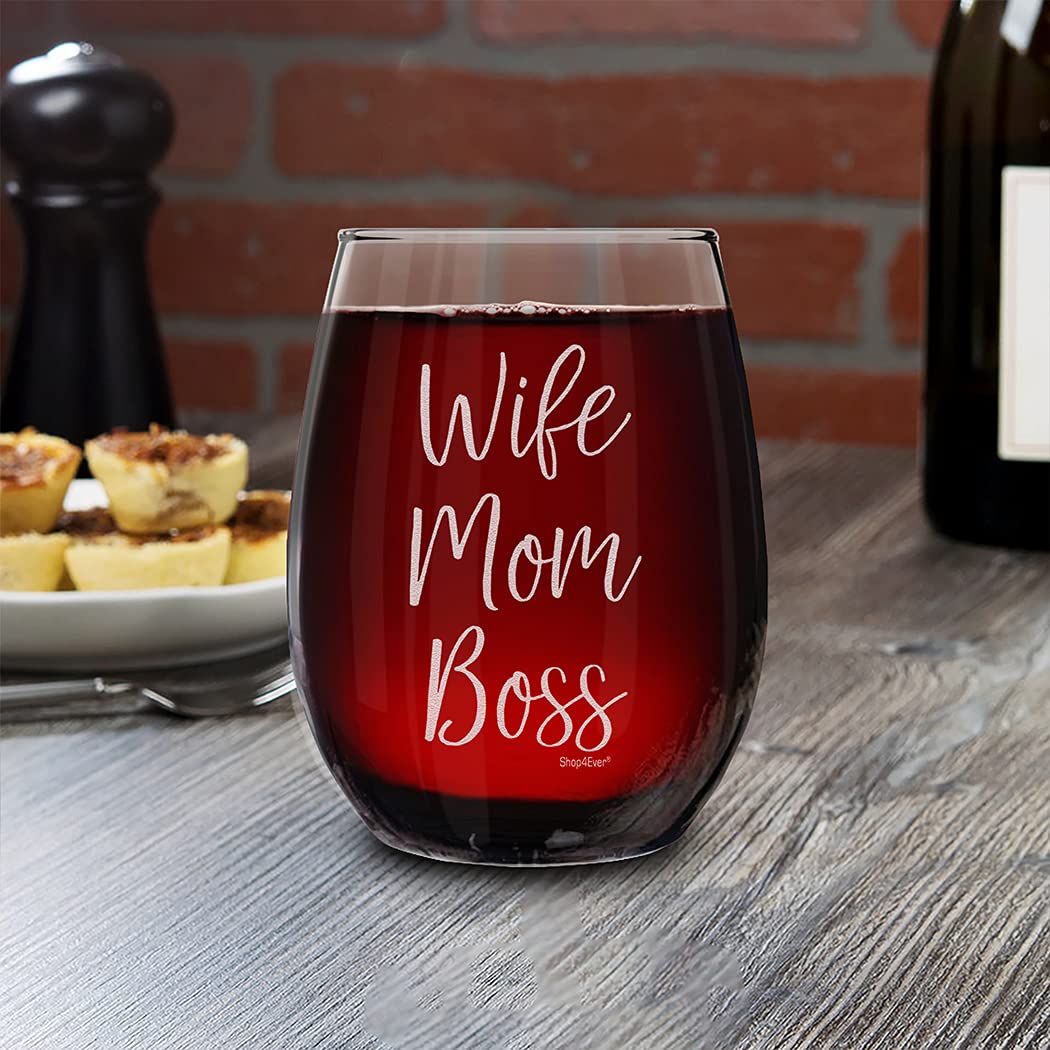 shop4ever Wife Mom Boss Laser Engraved Stemless Wine Glass ~ Mother's Day Gift for New Mommy Birthday