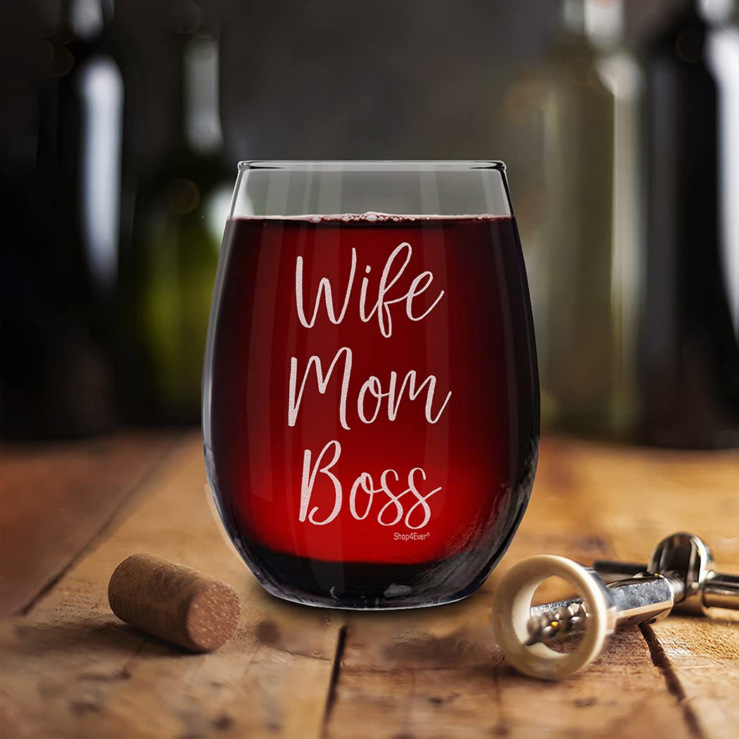 shop4ever Wife Mom Boss Laser Engraved Stemless Wine Glass ~ Mother's Day Gift for New Mommy Birthday