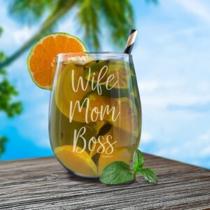 shop4ever Wife Mom Boss Laser Engraved Stemless Wine Glass ~ Mother's Day Gift for New Mommy Birthday