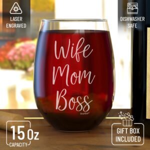 shop4ever Wife Mom Boss Laser Engraved Stemless Wine Glass ~ Mother's Day Gift for New Mommy Birthday