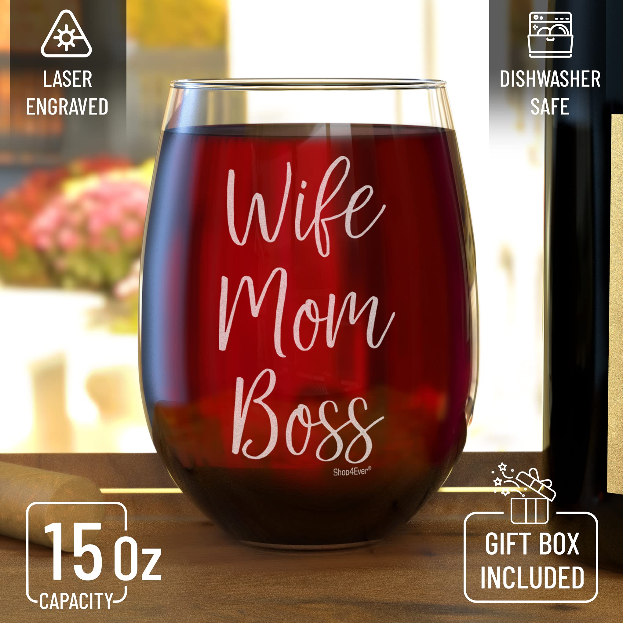 shop4ever Wife Mom Boss Laser Engraved Stemless Wine Glass ~ Mother's Day Gift for New Mommy Birthday