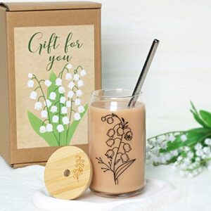 nefelibata lily of the valley iced coffee cup birth flower beer glass can 16oz glass drinking cup with bamboo lid metal straw cleaning brush may birth flower floral decor birthday gift for mom