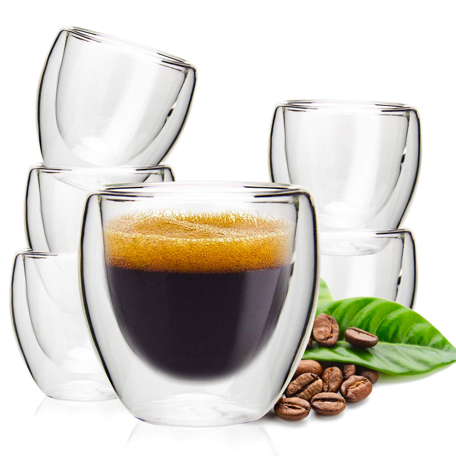 OAMCEG 6 Pack Espresso Shot Glasses 2.7 Ounces Double Wall Espresso Cups Thermo Insulated Small Espresso Cups, Latte Cappuccino Milk Juice Coffee Cups (Set of 6, 2.7oz)