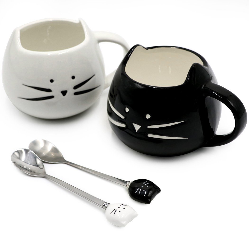 Koolkatkoo Cute Cat Mug Ceramic Coffee Mugs Set Gifts for Women Girls Cat Lovers Funny Small Cup with Spoon 12 oz Black and White …