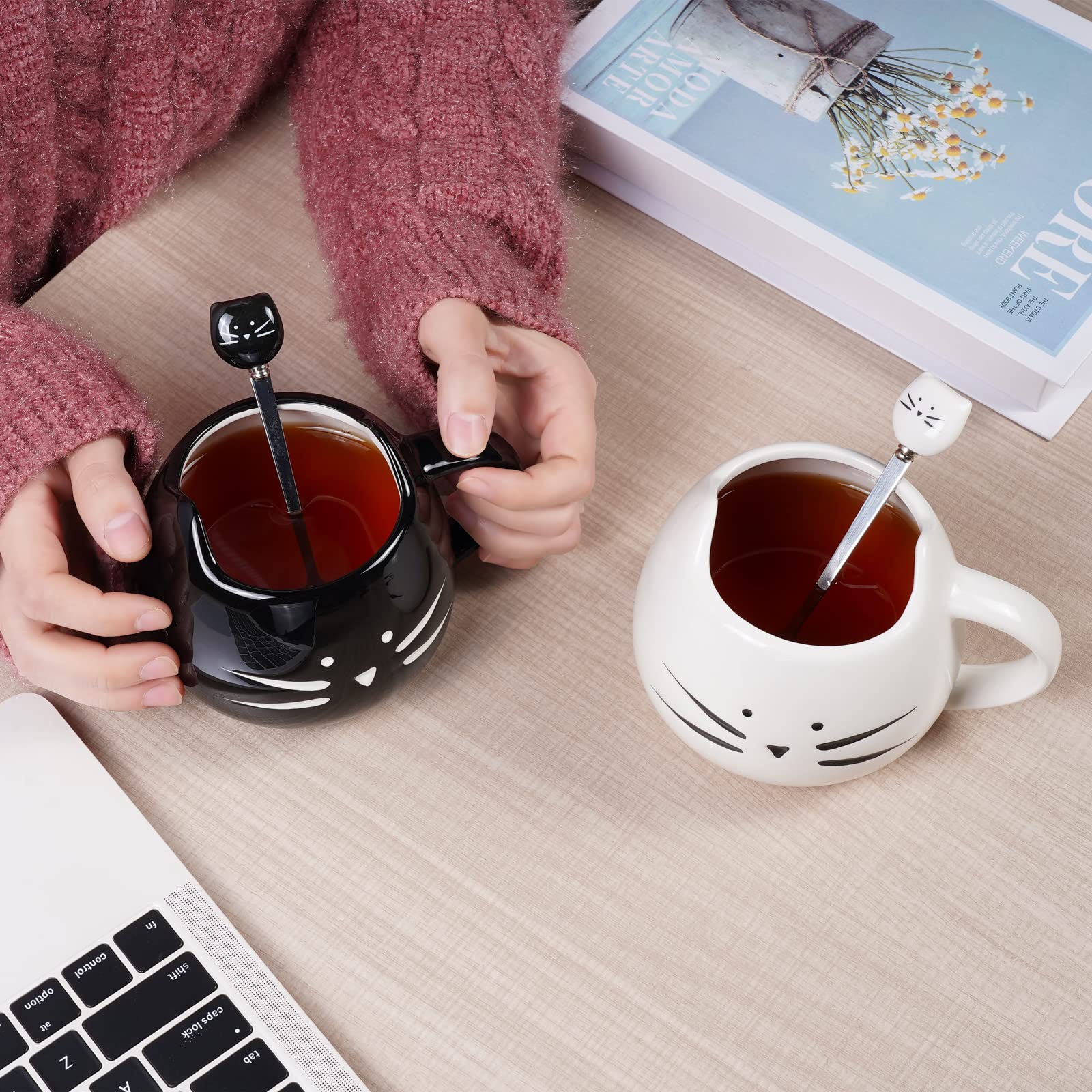 Koolkatkoo Cute Cat Mug Ceramic Coffee Mugs Set Gifts for Women Girls Cat Lovers Funny Small Cup with Spoon 12 oz Black and White …