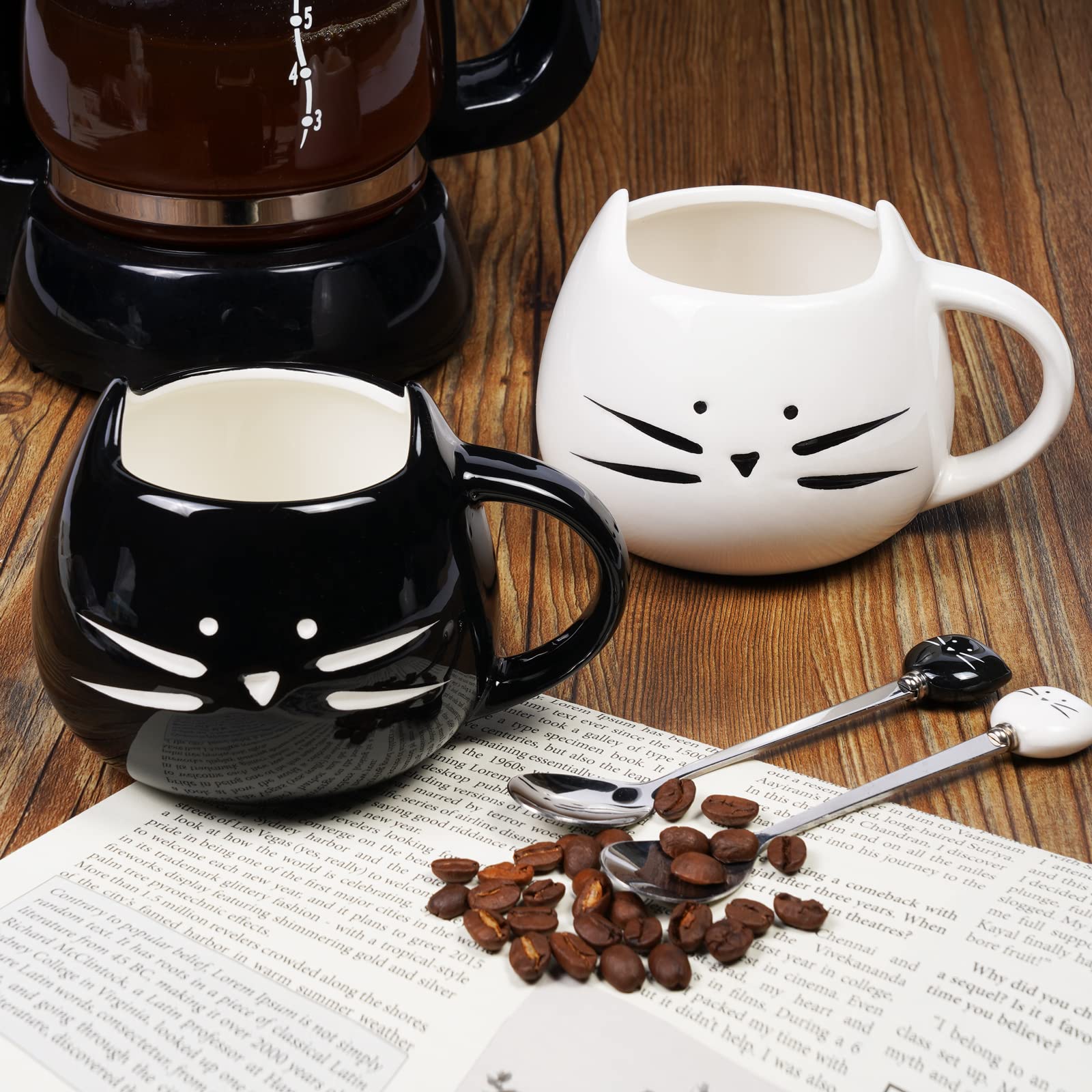 Koolkatkoo Cute Cat Mug Ceramic Coffee Mugs Set Gifts for Women Girls Cat Lovers Funny Small Cup with Spoon 12 oz Black and White …