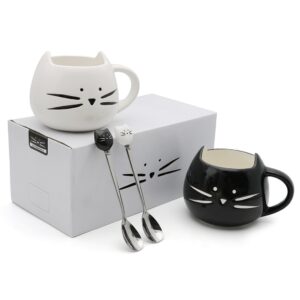 Koolkatkoo Cute Cat Mug Ceramic Coffee Mugs Set Gifts for Women Girls Cat Lovers Funny Small Cup with Spoon 12 oz Black and White …