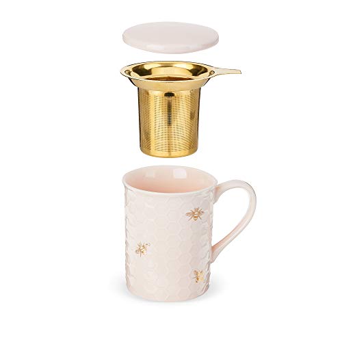 Pinky Up Annette Ceramic Tea Mug and Loose Leaf Tea Infuser, Loos Leaf Tea Accessories, Tea Tumbler Cup, Honeycomb Design, 12 oz