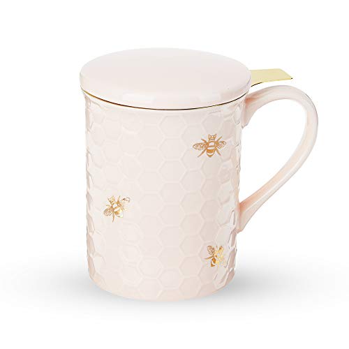 Pinky Up Annette Ceramic Tea Mug and Loose Leaf Tea Infuser, Loos Leaf Tea Accessories, Tea Tumbler Cup, Honeycomb Design, 12 oz