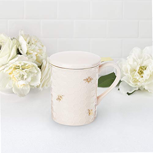 Pinky Up Annette Ceramic Tea Mug and Loose Leaf Tea Infuser, Loos Leaf Tea Accessories, Tea Tumbler Cup, Honeycomb Design, 12 oz