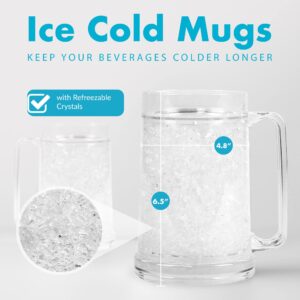 Simply Green Solutions - Clear Freezer Mug, Frozen Beer Mugs for Freezer, Double Walled Beer Mug, Freezer Cups for Drinks, Insulated Plastic Beer Mugs with Handles, 16 Oz Capacity