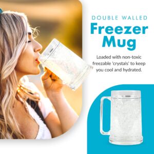 Simply Green Solutions - Clear Freezer Mug, Frozen Beer Mugs for Freezer, Double Walled Beer Mug, Freezer Cups for Drinks, Insulated Plastic Beer Mugs with Handles, 16 Oz Capacity