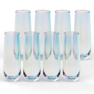 kook stemless iridecent champagne flutes, durable glass, great for mimosa, cocktails, toasting weddings glasses, 9.4 oz, set of 8