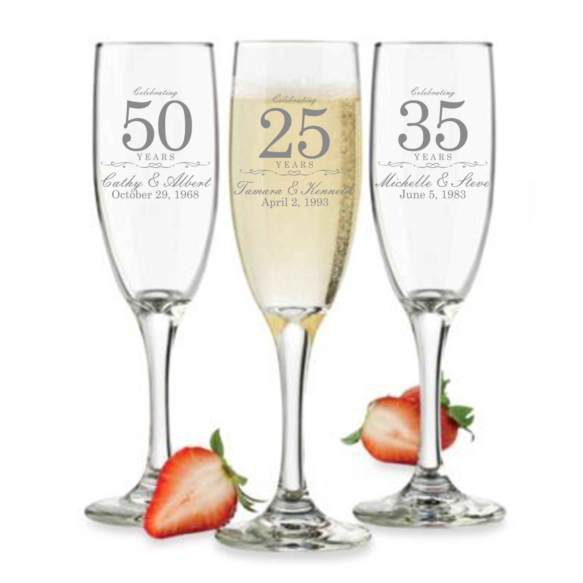 Customized Anniversary Champagne Flutes or Wine Glasses - Set of 2 - Couples Name and Wedding Date – Personalized for Anniversary Celebration - Custom Engraved (Champagne)