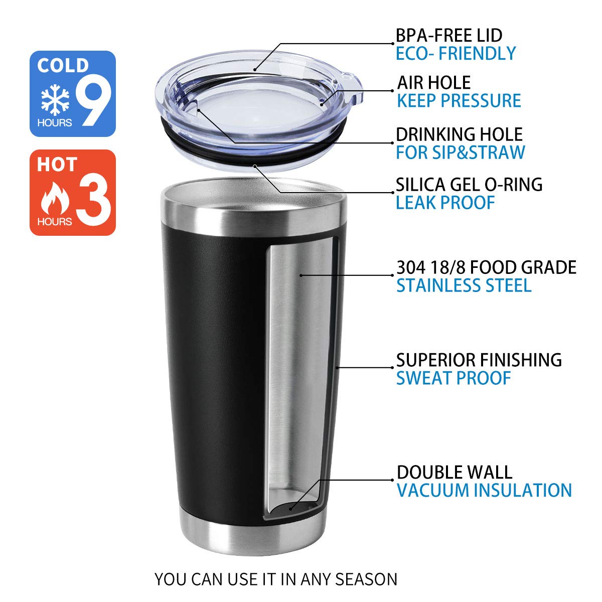 HASLE OUTFITTERS 20oz Tumblers Bulk Stainless Steel Cup with Lid Double Wall Vacuum Insulated Coffee Mug for Cold & Hot Drinks 8 Pack, Black