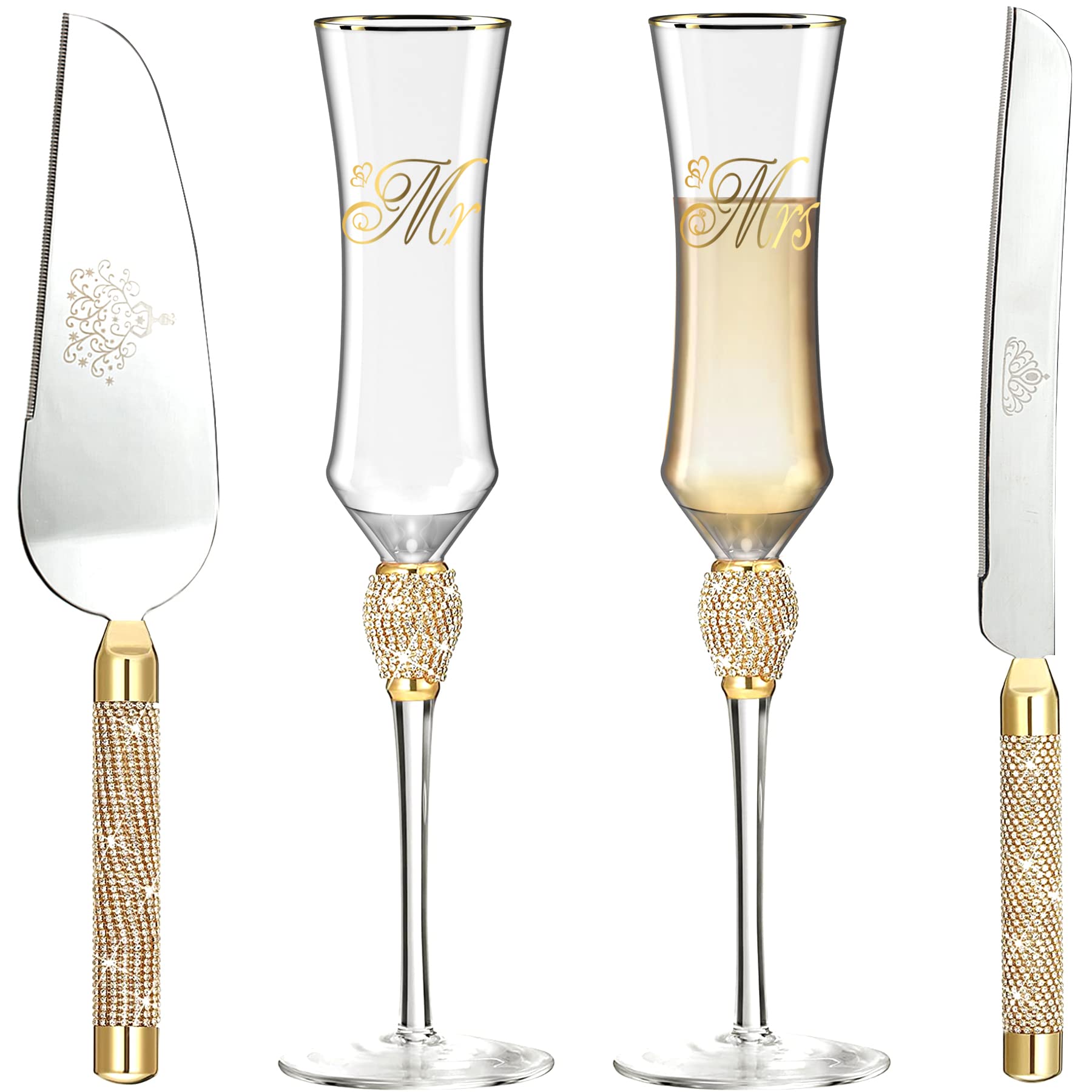 iooiluxry Wedding Cake Knife and Server Set, Bridal Shower Gifts for Bride Mr and Mrs Champagne Flutes Glass and Cake Cutting Set for Wedding Engagement Gifts (Gold)