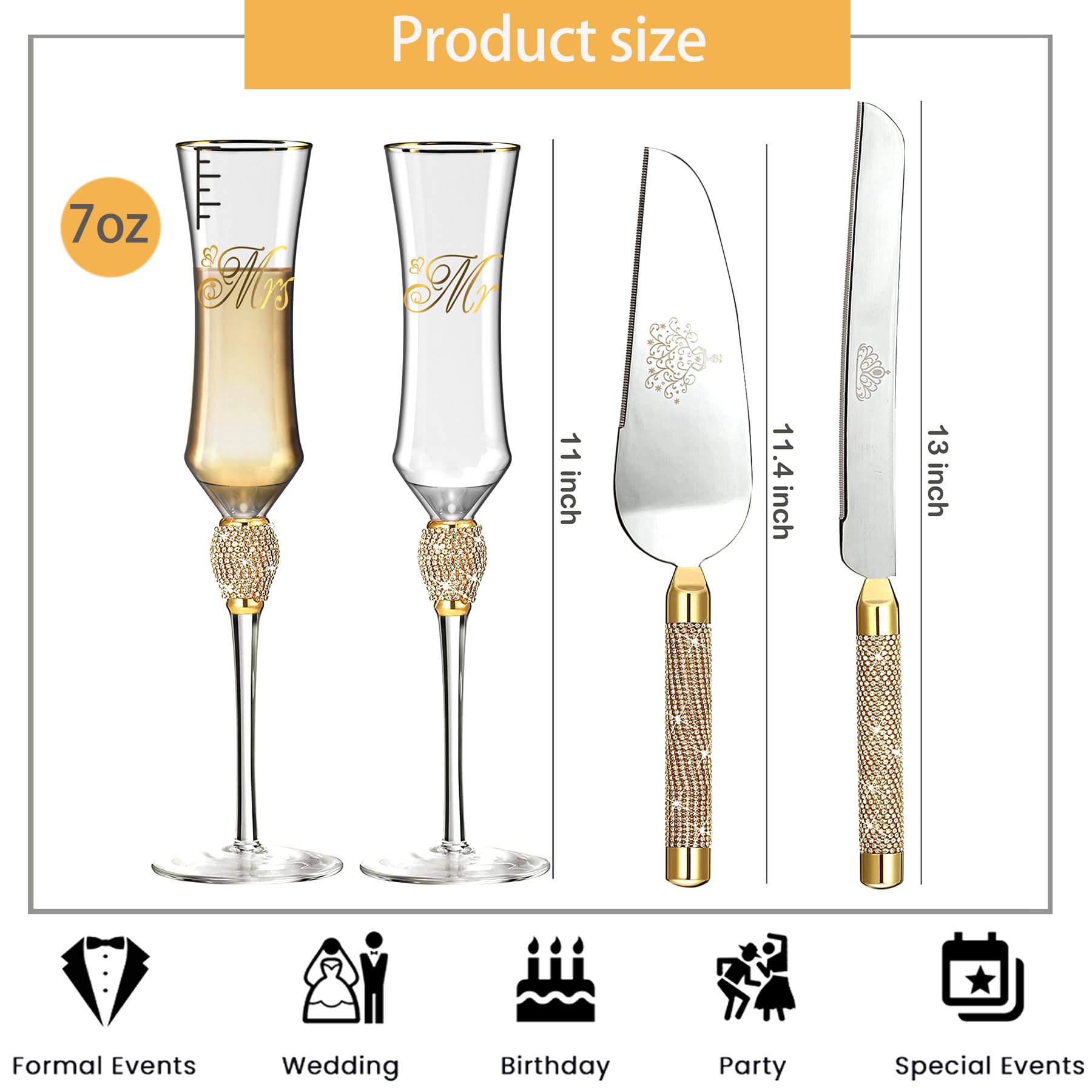 iooiluxry Wedding Cake Knife and Server Set, Bridal Shower Gifts for Bride Mr and Mrs Champagne Flutes Glass and Cake Cutting Set for Wedding Engagement Gifts (Gold)