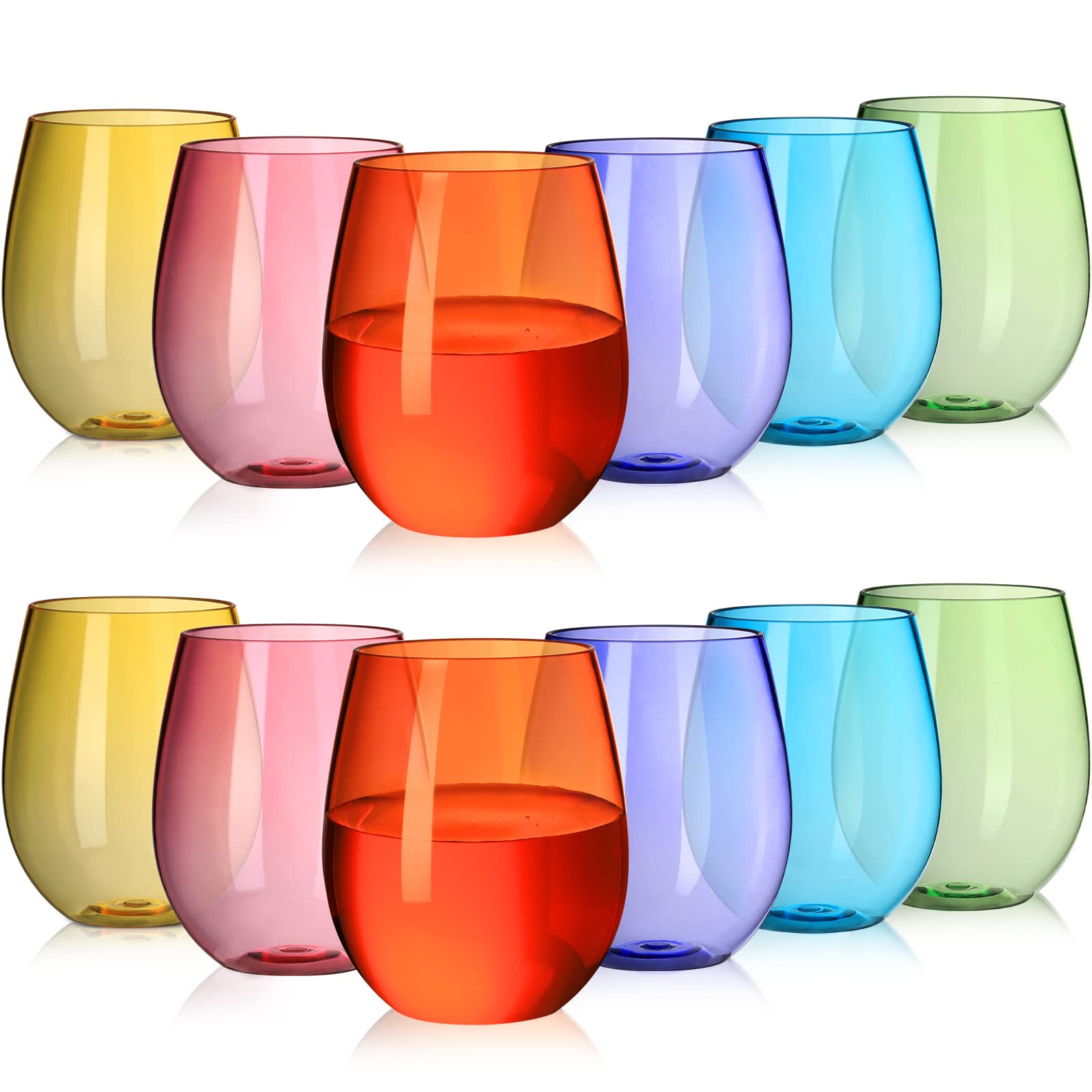 12 Pack Plastic Stemless Wine Glasses Bulk 12oz, Hot Water Safe, Reusable Rainbow Color Wine Glasses, Shatterproof Plastic No Stem Drinking Cup Glasses for Thanksgiving Christmas New Year Holiday