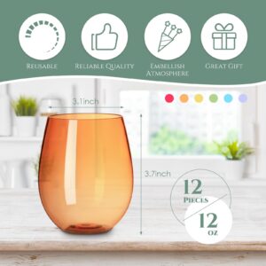 12 Pack Plastic Stemless Wine Glasses Bulk 12oz, Hot Water Safe, Reusable Rainbow Color Wine Glasses, Shatterproof Plastic No Stem Drinking Cup Glasses for Thanksgiving Christmas New Year Holiday