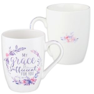 christian art gifts ceramic coffee and tea mug 12 oz inspirational bible verse mug for men and women: my grace is sufficient - 2 corinthians 12:9 microwave and dishwasher safe white floral mug