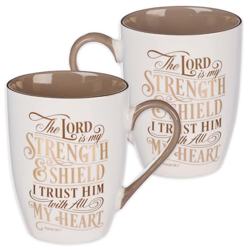 Christian Art Gifts Ceramic Coffee Mug for Women and Men 12 oz Caramel Brown Inspirational Coffee Cup - The Lord is My Strength Psalm 28:7 Non-toxic Lead and Cadmium-free Novelty Scripture Mug