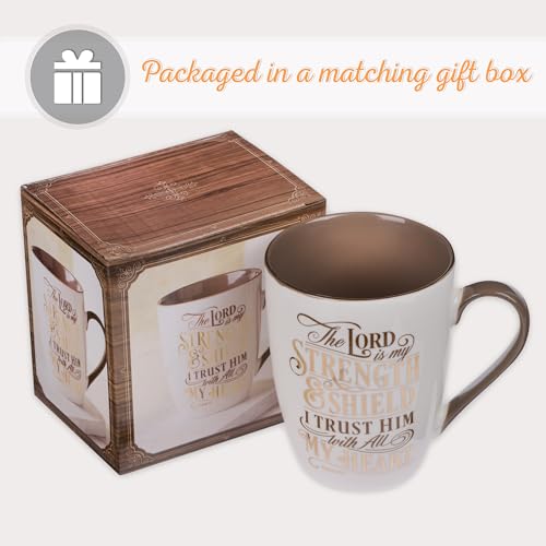 Christian Art Gifts Ceramic Coffee Mug for Women and Men 12 oz Caramel Brown Inspirational Coffee Cup - The Lord is My Strength Psalm 28:7 Non-toxic Lead and Cadmium-free Novelty Scripture Mug