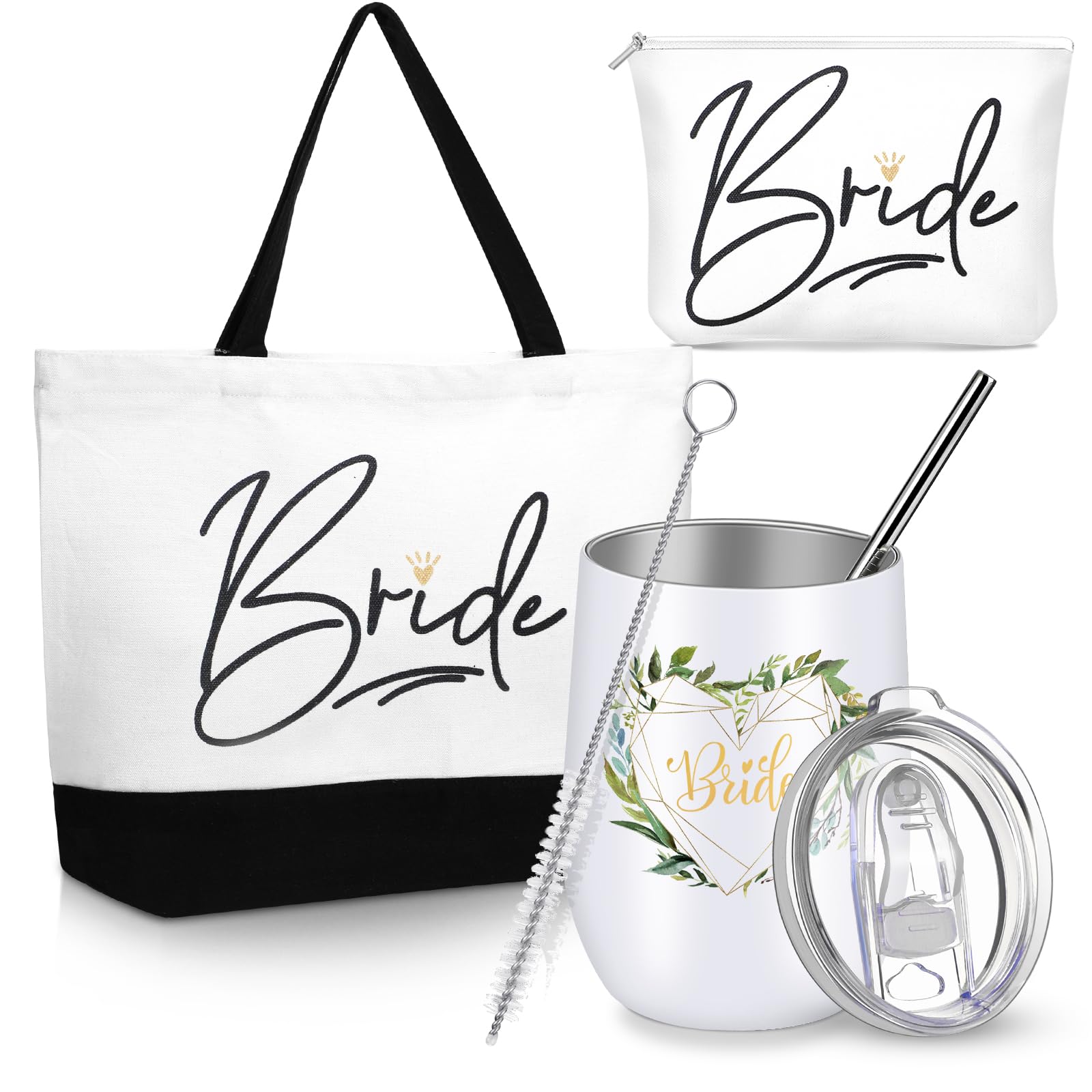 3 Pieces Bride Gifts 12oz Bride Tumbler Cup Stainless Steel Drink Cup with Straw Brush Bride Makeup Cosmetic Bag and Tote Bag for Wedding Bachelorette Bridal Shower Engagement Party Favors