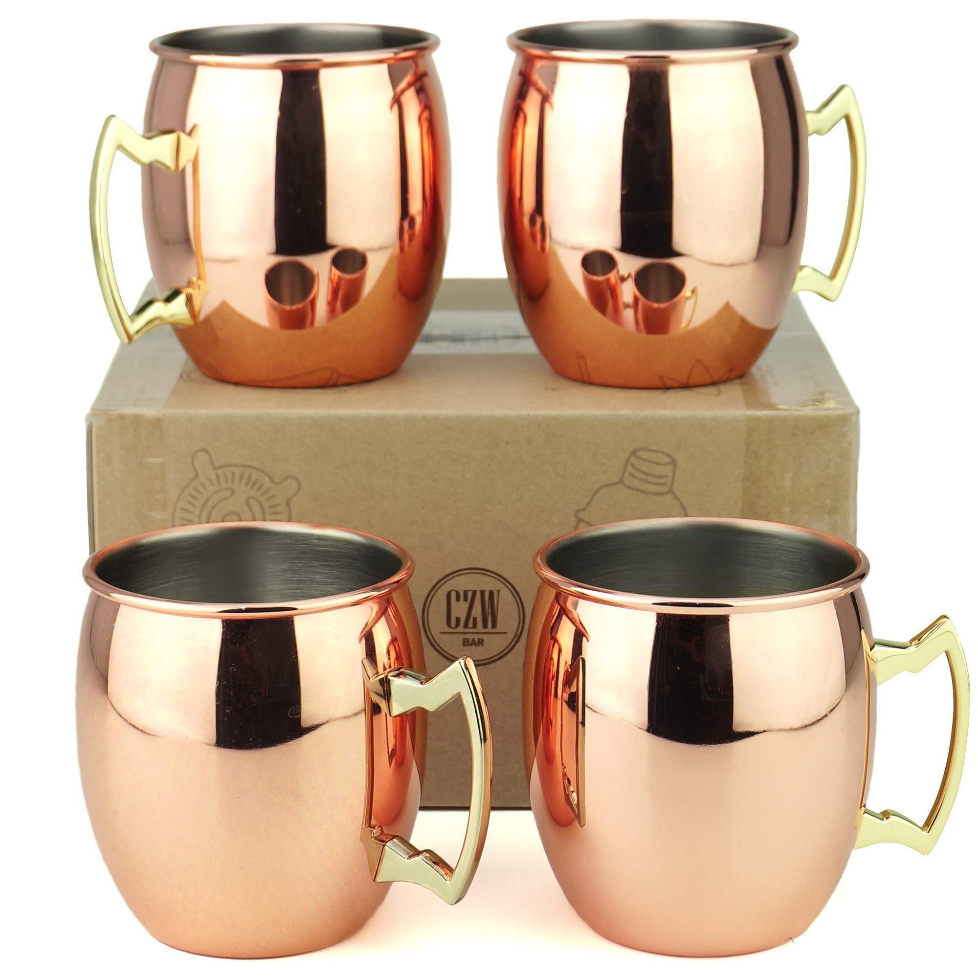 PG Copper/Rose Gold Plated Stainless Steel Moscow Mule Mug - Bar Gift Set 4 - Factory Direct (19 oz) - Authentic Traditional Design - Smooth Finish Original Brass Handle!