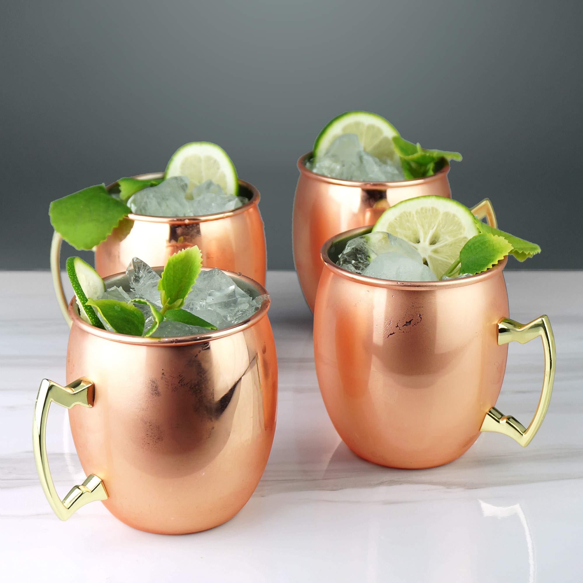 PG Copper/Rose Gold Plated Stainless Steel Moscow Mule Mug - Bar Gift Set 4 - Factory Direct (19 oz) - Authentic Traditional Design - Smooth Finish Original Brass Handle!