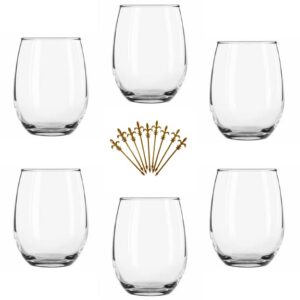 Set of 6 Stemless 9 oz White Wine Glass, Libbey 207 w/Signature Cocktail Picks