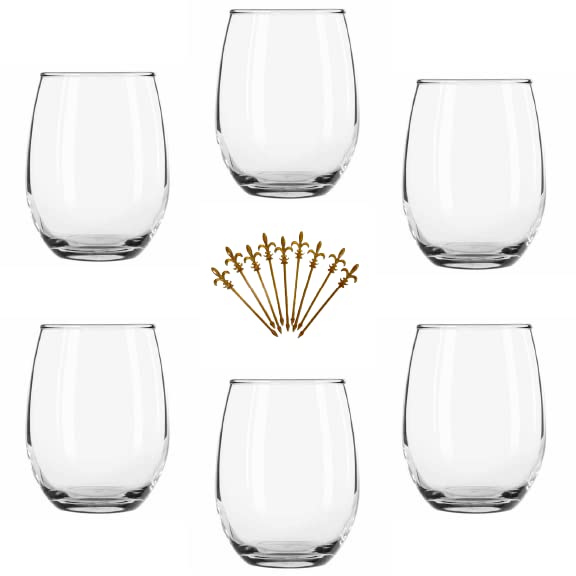 Set of 6 Stemless 9 oz White Wine Glass, Libbey 207 w/Signature Cocktail Picks