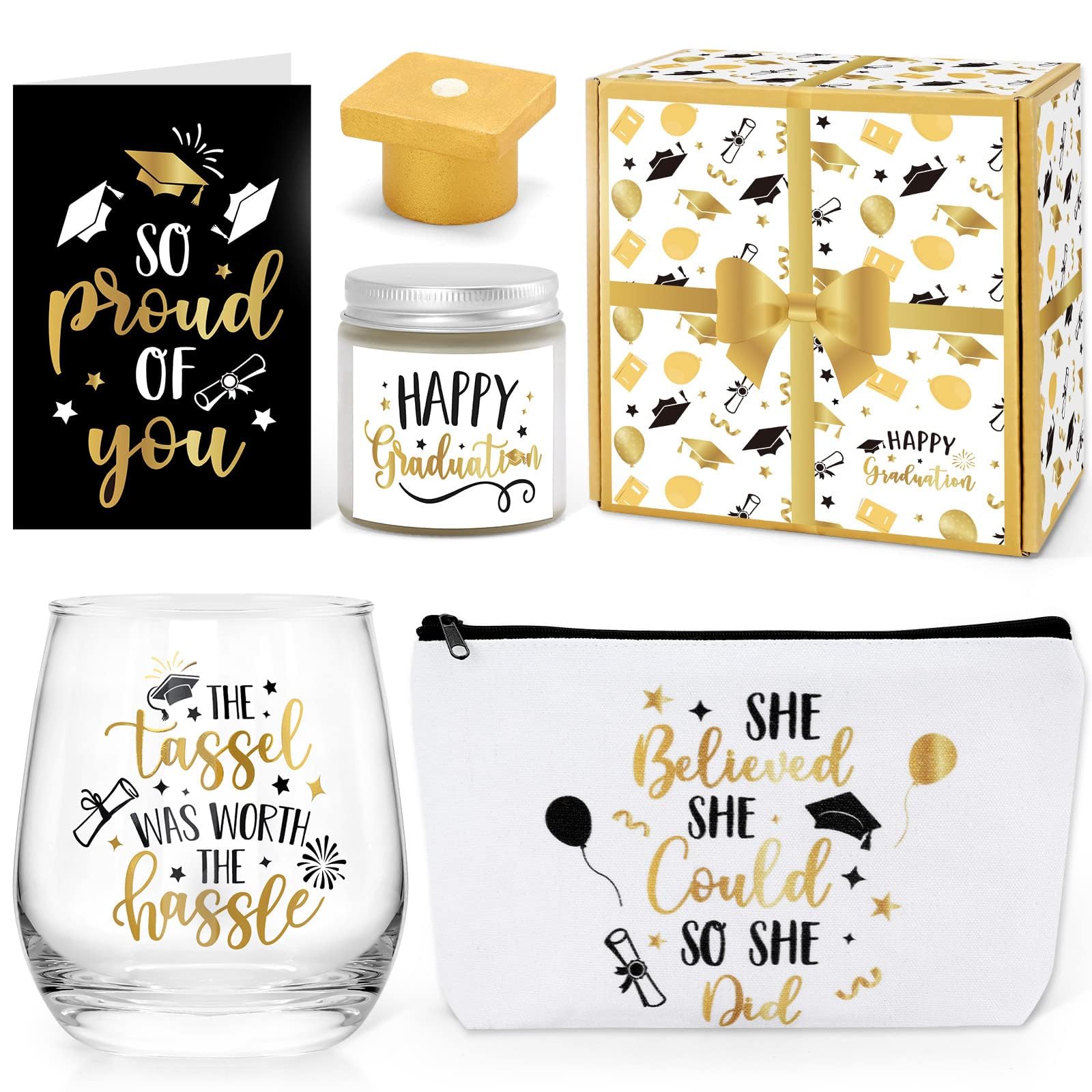 Levfla Graduation Gifts Set, Congratulations Present Box for Her Girl Women College Student with Pre-Packed Wine Glass Grad Cap Bath Bomb Makeup Bag Candle Card Black Gold