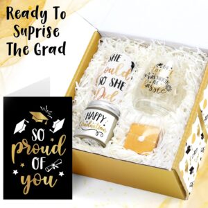 Levfla Graduation Gifts Set, Congratulations Present Box for Her Girl Women College Student with Pre-Packed Wine Glass Grad Cap Bath Bomb Makeup Bag Candle Card Black Gold